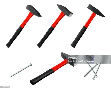 자물쇠 제조공의 망치 손톱 흰색 배경에 고립되어 있습니다 Fitter의 해머는 못과 다웰을 구동하고 구성 요소를 결합하기 위해