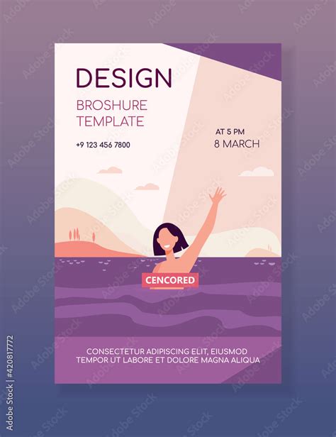 Happy Woman Enjoying Bathing In Sea Topless Censored Banner Nude Person Flat Vector