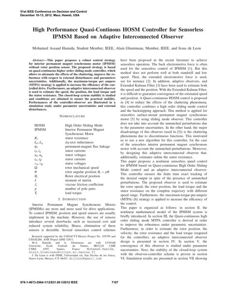Pdf High Performance Quasi Continous Hosm Controller For Sensorless