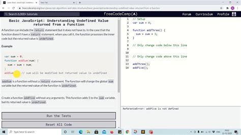 Lesson 53 Undefined Value Returned From Function Freecodecamp Youtube