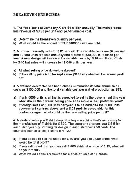 Breakeven Exercises Pdf Profit Economics Marketing