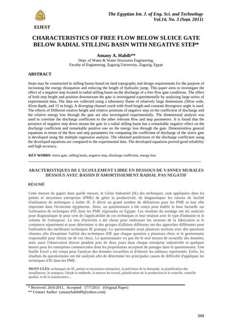 Pdf Coefficient Of Discharge For Free Flow Sluice Gates Upstream · 349 The Egyptian Int J