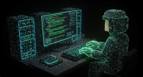 Digital Environment Showcasing A Programmer Working At A Glowing Computer Setup With Data Code