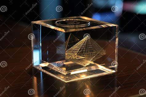 Ai Generative Tetrahedron In A Glass Cube On A Wooden Table Stock