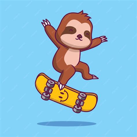 스케이트 보드 만화 그림을 재생하는 귀여운 나무늘보 프리미엄 벡터