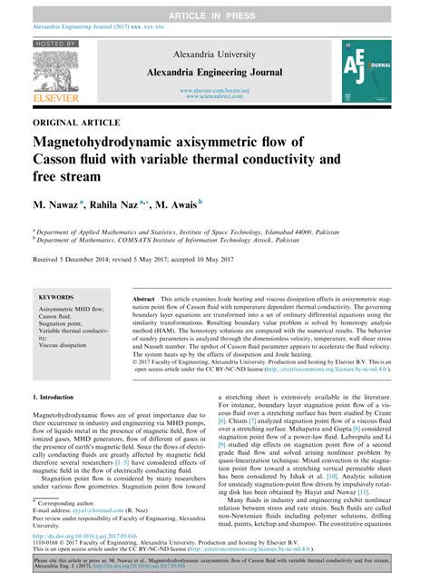 Pdf Magnetohydrodynamic Axisymmetric Flow Of Casson Fluid With