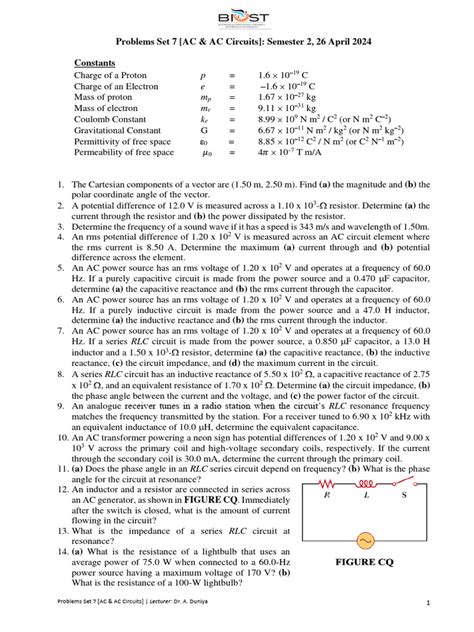 Problems Set 7 Ac And Ac Circuits Pdf Inductor Electrical Network