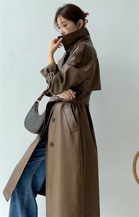 마크 더블버튼 모던스트릿 감성 트렌치 오버핏 롱레더코트