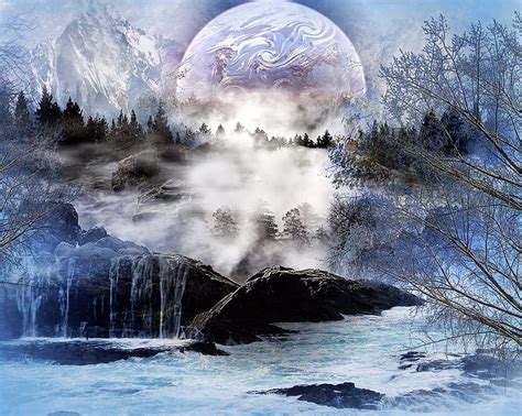 달과 물 나무 풍경 산 강 폭포 예술 Hd 배경 화면 Wallpaperbetter