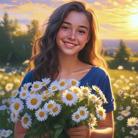 An 18 Year Old Girl Looks At The Sun Smiling Sweetly Holding Daisies