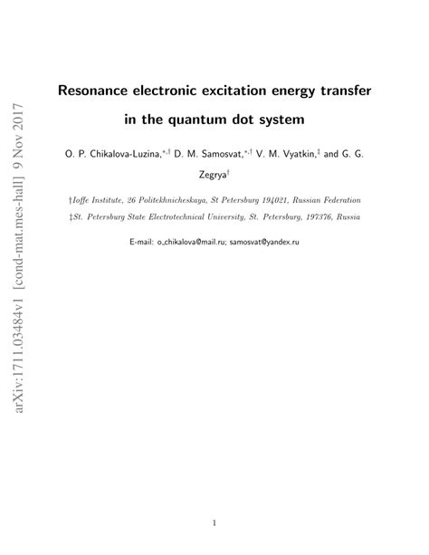 Pdf Resonance Electronic Excitation Energy Transfer In The Quantum Dot System
