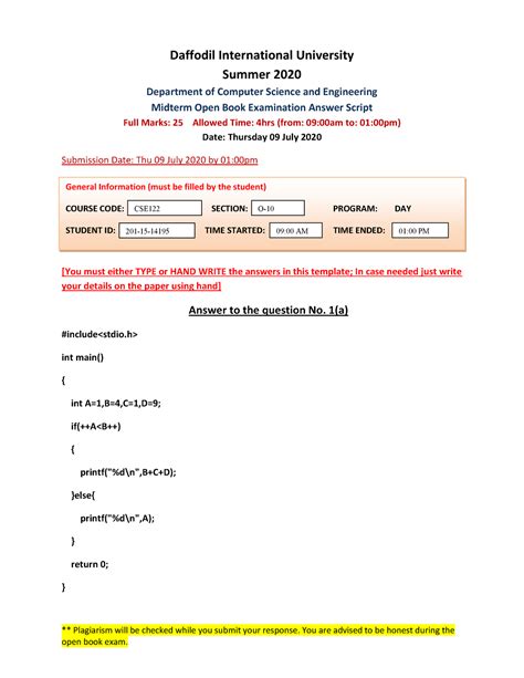 Cse122 O 10 201 15 14195 Daffodil International University Summer 2020 Department Of Computer