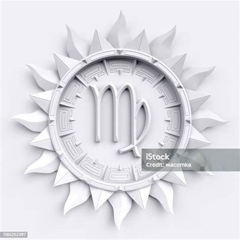 처녀 자리 조디악 기호는 흰색 종이로 만든 최신 최소 3d 렌더링 파란색 배경 위에 황금 점성술 기호입니다 별자리 아이콘 3차원 형태에 대한 스톡 사진 및 기타 이미지