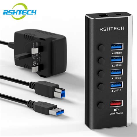 Rshtech A35 Powered Usb Hub 4 Usb 3 0 Data Ports 5gbps Usb Qc 3 0 Fast Charging Multi Splitter