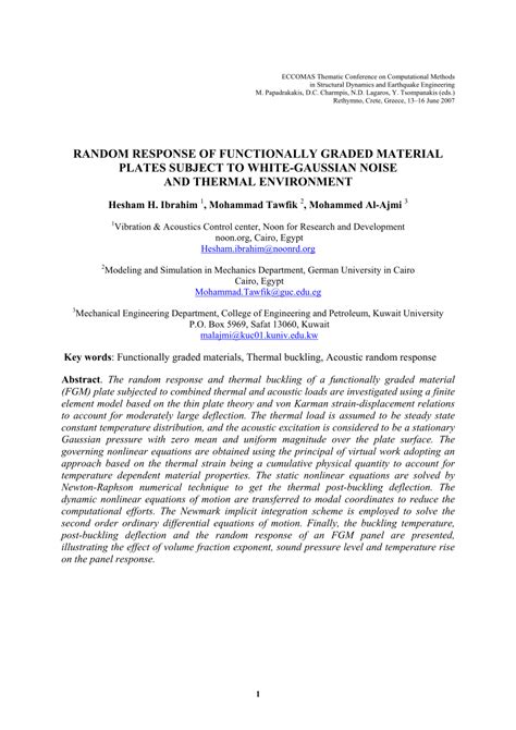 Pdf Random Response Of Functionally Graded Material Plates Subject To White Gaussian Noise And
