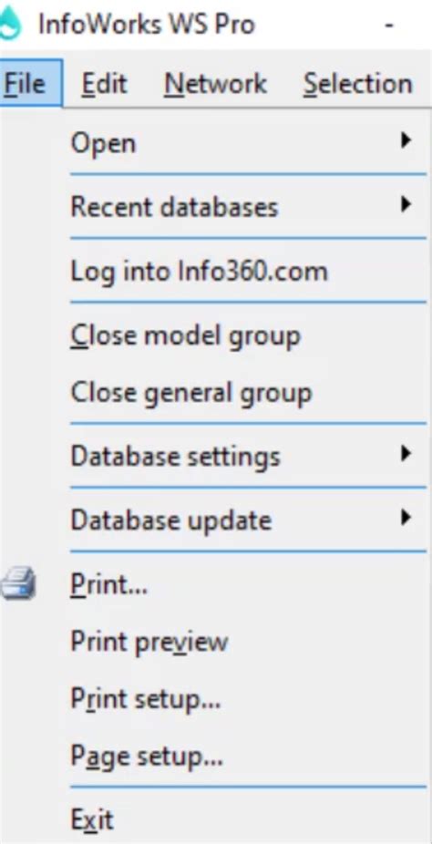 The Infoworks Ws Pro File Menu