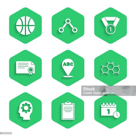 알파벳 체크리스트가 있는 클립보드 달력 첫 번째 9월 날짜 화학식 내부 헤드 기어 인증서 템플릿 메달 및 농구 공 아이콘을 설정합니다 벡터 1에 대한 스톡 벡터 아트 및