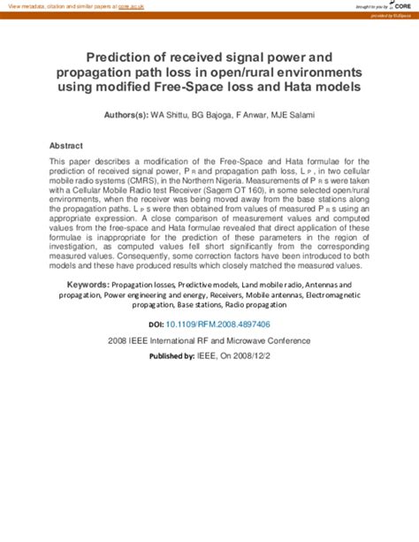 Pdf Prediction Of Received Signal Power And Propagation Path Loss In Openrural Environments