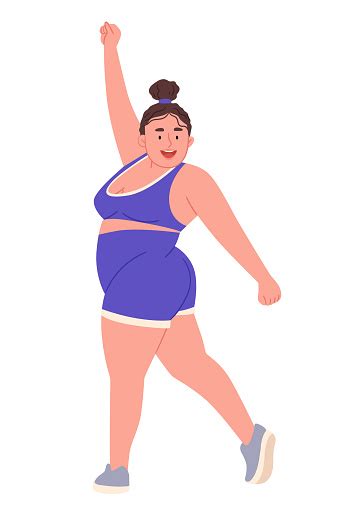 스포츠웨어에서 스포츠를하는 행복한 플러스 사이즈 소녀 통통한 몸매를 가진 꽤 자신감 넘치는 몸매 긍정 여성 캐릭터 개념에 대한 스톡 벡터 아트 및 기타 이미지 Istock