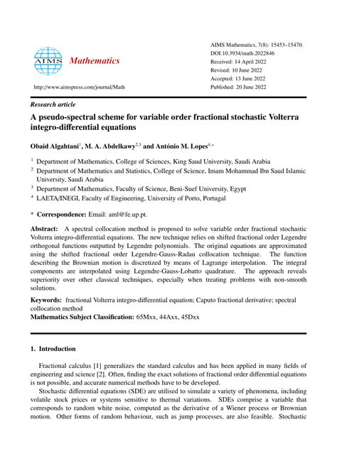 Pdf A Pseudo Spectral Scheme For Variable Order Fractional Stochastic
