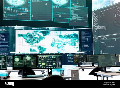 Cyber Security Monitoring Room With High Tech Equipment Governmental