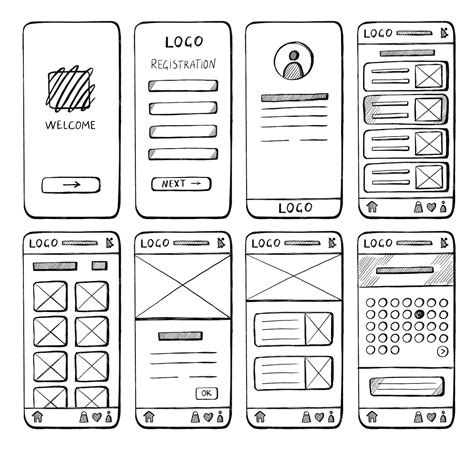 손으로 그려진 모바일 웹 사이트 레이아웃 웹 사이트에 대한 연필 도들 Ui 요소 스케치 간단한 와이어 프레임 페이지 템플릿 버튼과 화살표 터 그래픽 프리미엄 벡터