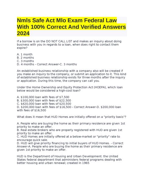 Nmls Safe Act Mlo Exam Federal Law With Correct And Verified Answers Exams Advanced