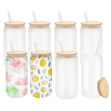 7 Pack Sublimation Glass Cans Frosted Sublimation Beer Can Glass With Bamboo Lids Borosilicate