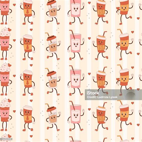 줄무늬 조명 배경에 귀여운 캐릭터 커피 테이크아웃 종이컵이 있는 매끄러운 패턴 벡터 그림입니다 복고풍 향수를 불러 일으키는 스타일의 끝없는 배경 가공의 인물에 대한 스톡