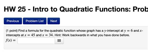 solved hw 25 intro to quadratic functions prob previous