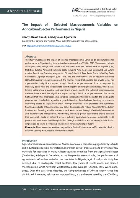 Pdf The Impact Of Selected Macroeconomic Variables On Agricultural Sector Performance In Nigeria