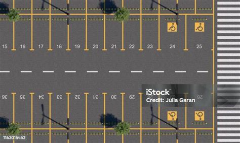 도로 표시 및 번호 주차 공간이있는 주차장 횡단 보도 빈 주차 맨 위 보기 3d 렌더링 주차장에 대한 스톡 사진 및 기타 이미지 Istock