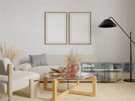 프레임 모형 내부 프레임 포스터 나무 프레임 요소 및 거실 스칸디나비아 스타일 빈 그림 인테리어 소파 및 테이블 일러스트레이션 3d 렌더링에서 나무로 아늑합니다 0명에 대한