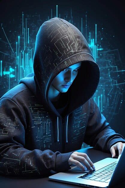 Hacker In A Hood Using A Laptop Coding And Data On A Code Background