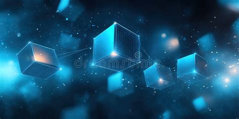 Blockchain Technology Visualized With Glowing Blue Cubes And Particles In Digital Space Stock