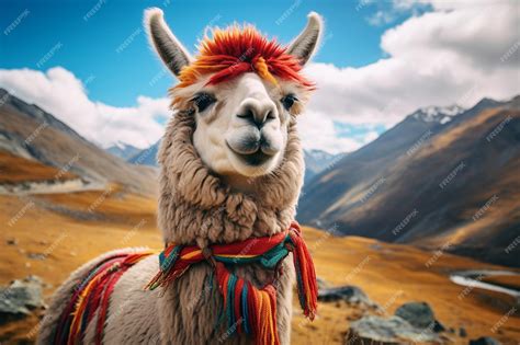 Lama Dans Les Andes Péruviennes Portant Des Vêtements Typiques Du Pérou Photo Premium