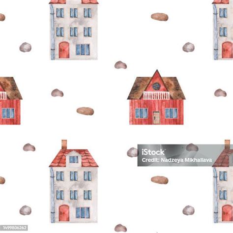 빨간 지붕 집 발코니 자갈이 있는 수채화 이음매 없는 패턴 흰색 배경에 격리된 클립아트 섬유 포장 스크랩북 용지에 대한 그림 개체 그룹에 대한 스톡 벡터 아트 및 기타
