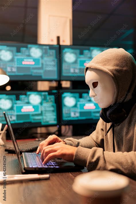 Scary Male Scammer Wearing Mask Hacking Database Servers Hacker With