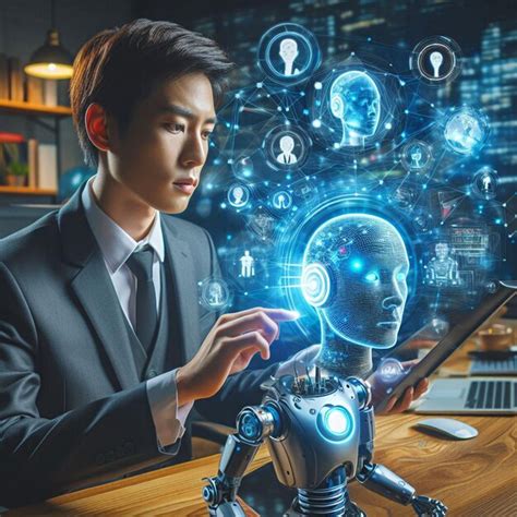 Premium Photo Man Using Technology With Smart Robot AI And Robotics Generative AI