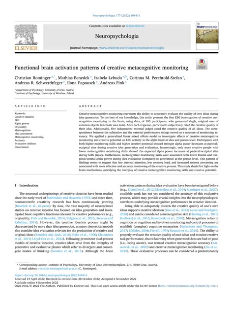 Pdf Functional Brain Activation Patterns Of Creative Metacognitive