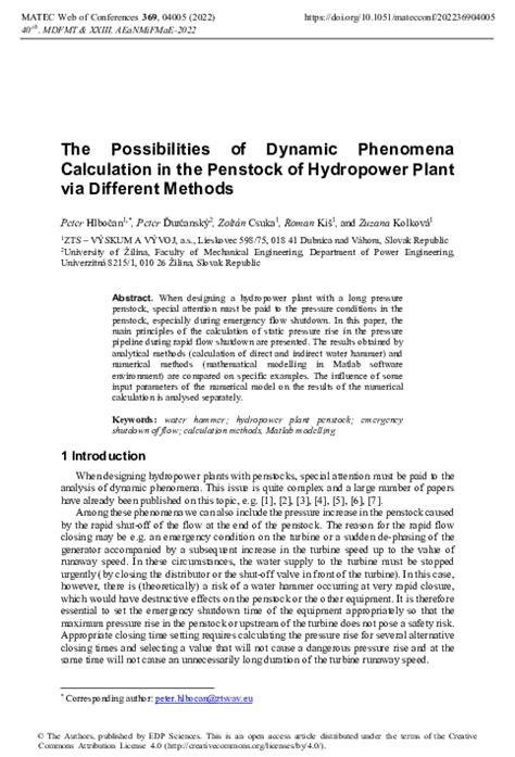 Pdf The Possibilities Of Dynamic Phenomena Calculation In The Penstock Of Hydropower Plant Via