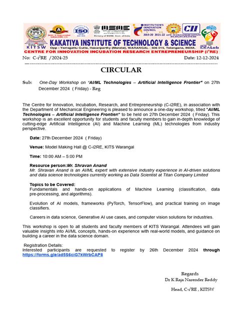 One Day Workshop On Aiml Technologies Artificial Intelligence Frontier On 27th December 2024