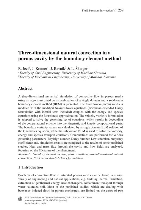 Pdf Three Dimensional Natural Convection In A Porous Cavity By The Boundary Element Method