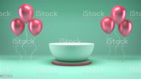 제품 프레젠테이션을 위해 녹색 배경에 흰색 연단과 분홍색 풍선의 3d 렌더링 풍선에 대한 스톡 사진 및 기타 이미지 풍선 분홍 0명 Istock