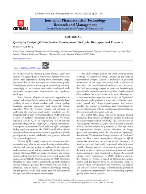 Pdf Quality By Design Qbd In Product Development Life Cycle
