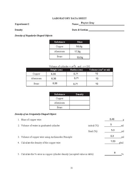 Data Sheet Experiment 2 31 Laboratory Data Sheet Experiment 2 Name