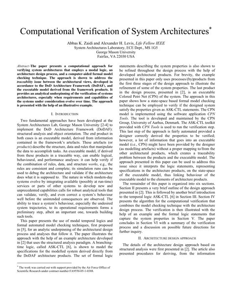 Pdf Computational Verification Of System Architectures