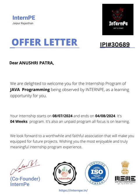 Anushri Patra On Linkedin Internpe Java Summerinternship