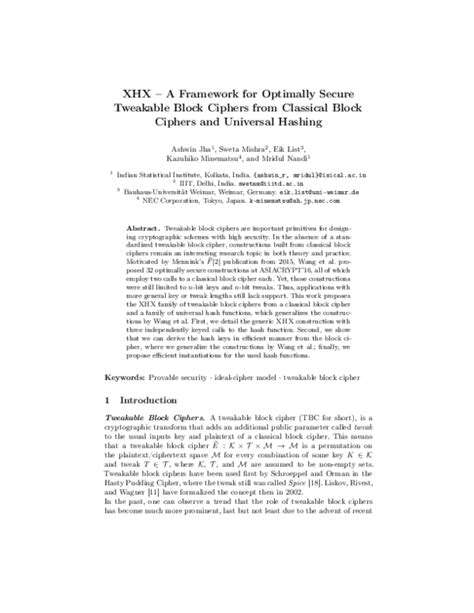 Pdf Xhx A Framework For Optimally Secure Tweakable Block Ciphers