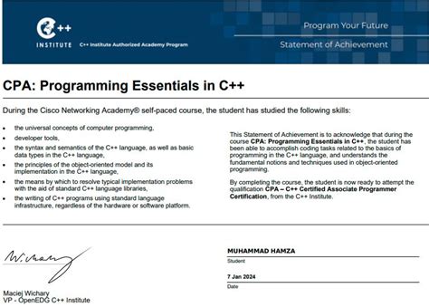 Certificationcompleted Cplusplus Professionaldevelopment Milestoneachieved Mohammad Hamza